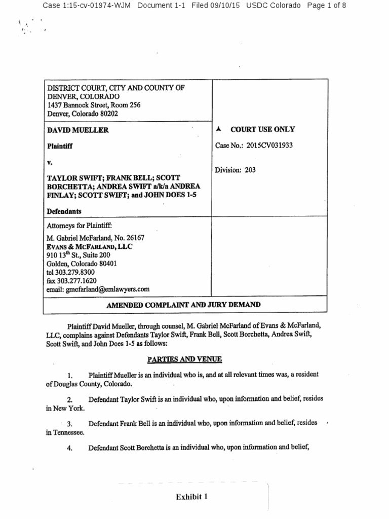 David Mueller v. Taylor Swift, Et Al - Amended Complaint | PDF