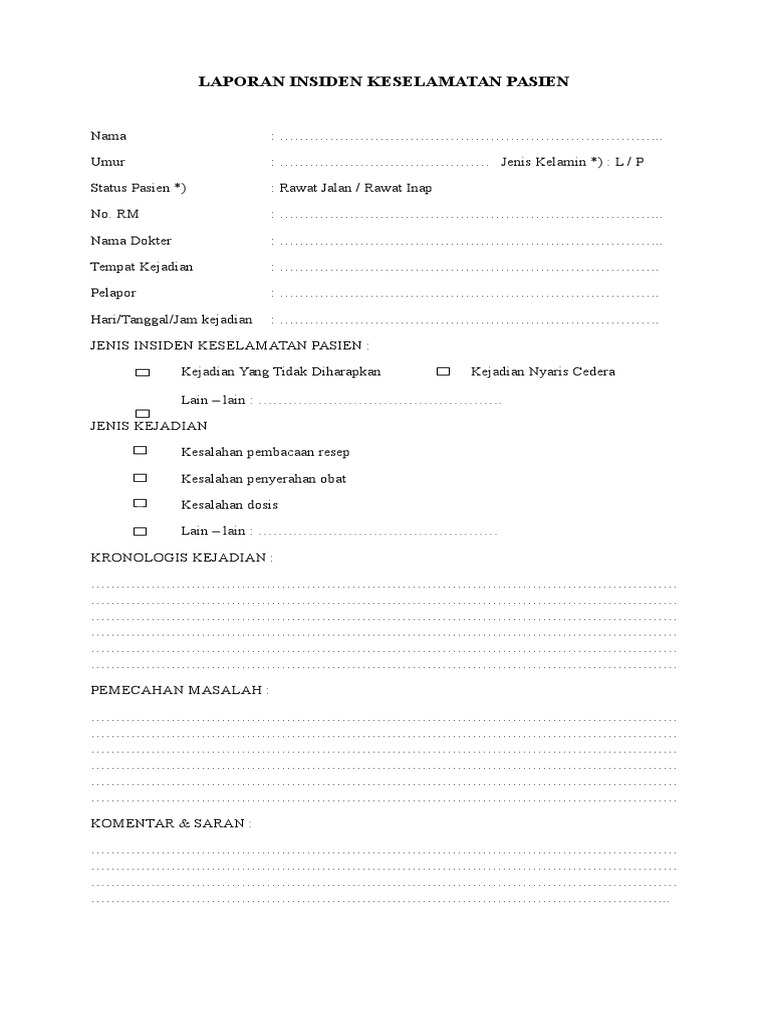 Form Laporan Insiden Keselamatan Pasien | PDF