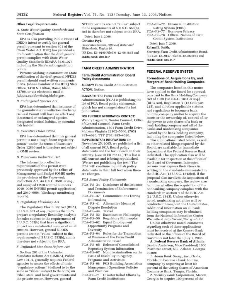 Notice: Reports and Guidance Documents Availability, Etc.: FCA Board ...