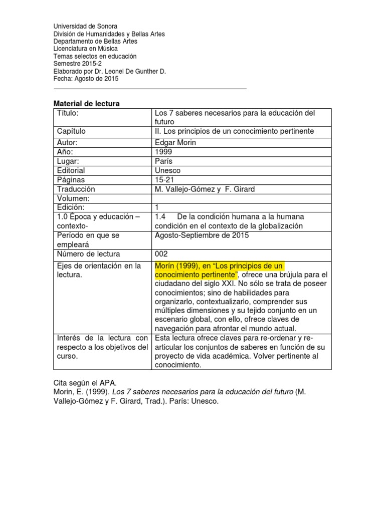 Lectura 002 Morin 7 Saberes PDF | PDF | Conocimiento | Science