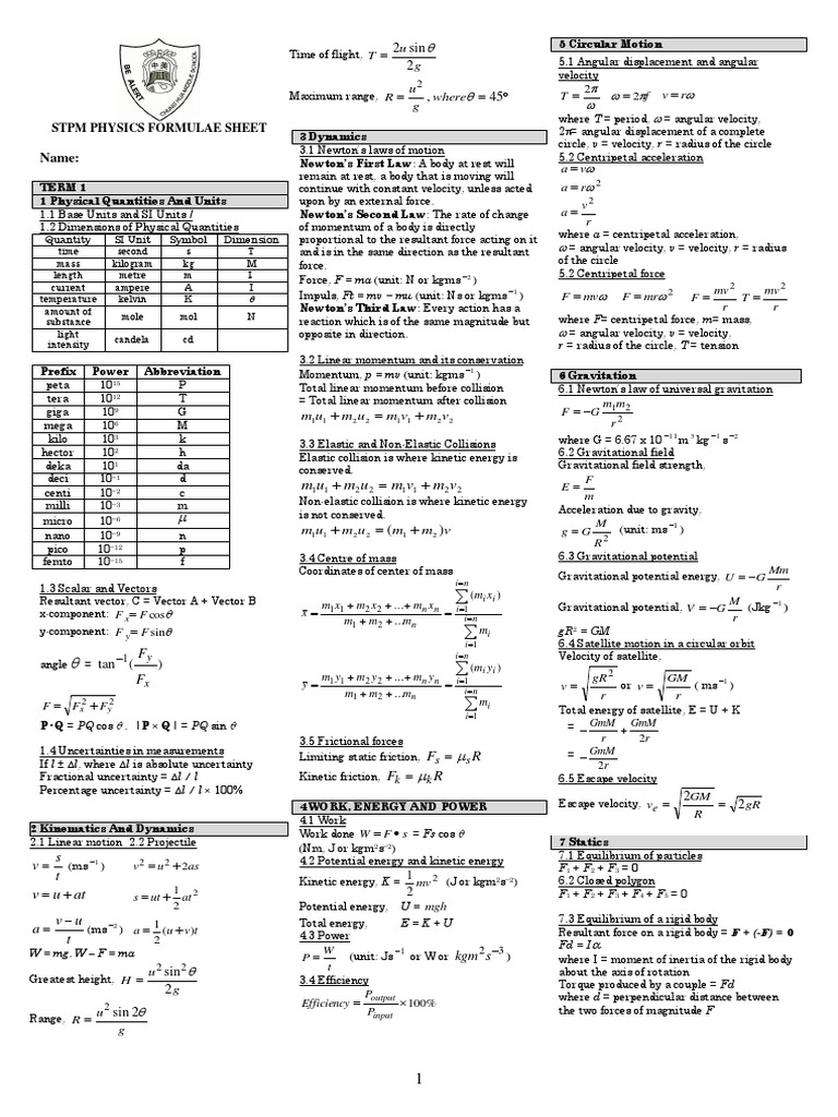 STPM Physic Formula | PDF | Teaching Methods & Materials | Science ...
