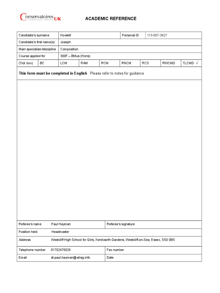 Academic Reference: This Form Must Be Completed in English Please Refer ...