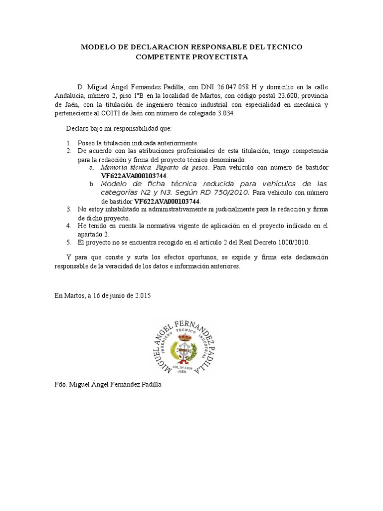 Modelo de Declaracion Responsable Del Tecnico Competente Proyectista | PDF