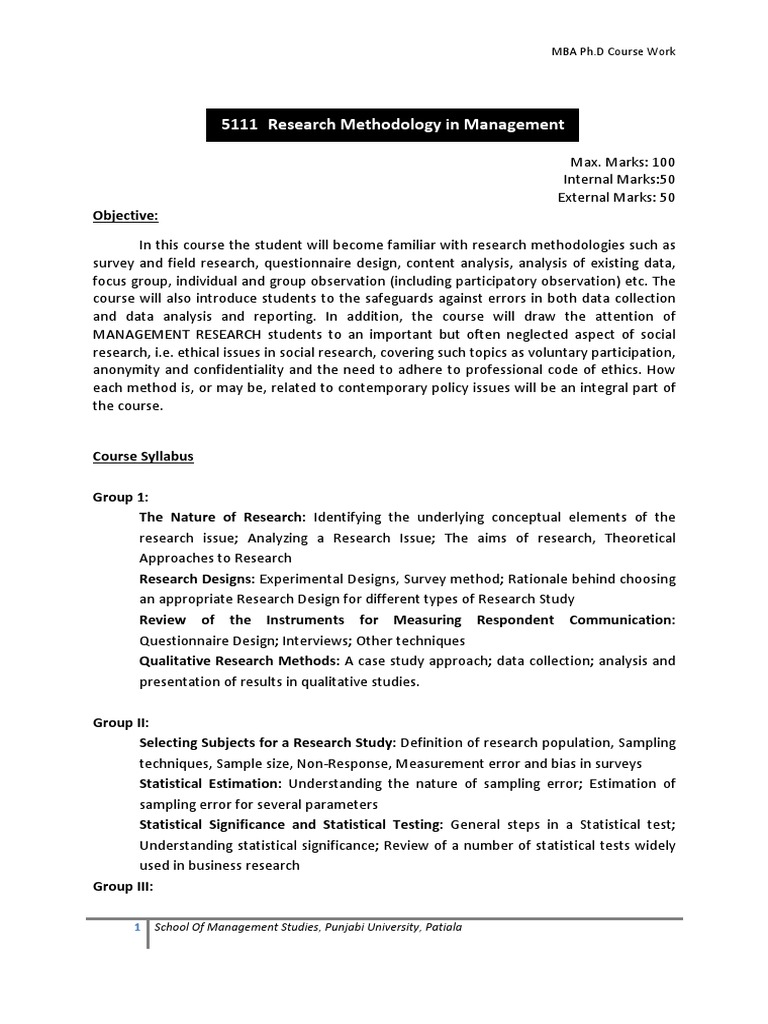 Pbi Univ Phd Syllabus | Strategic Management | Survey Methodology ...
