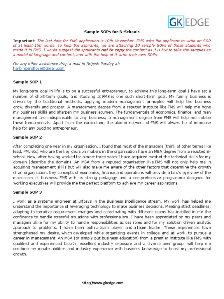 Sample SOPs For FMS | PDF | Entrepreneurship | Master Of Business ...