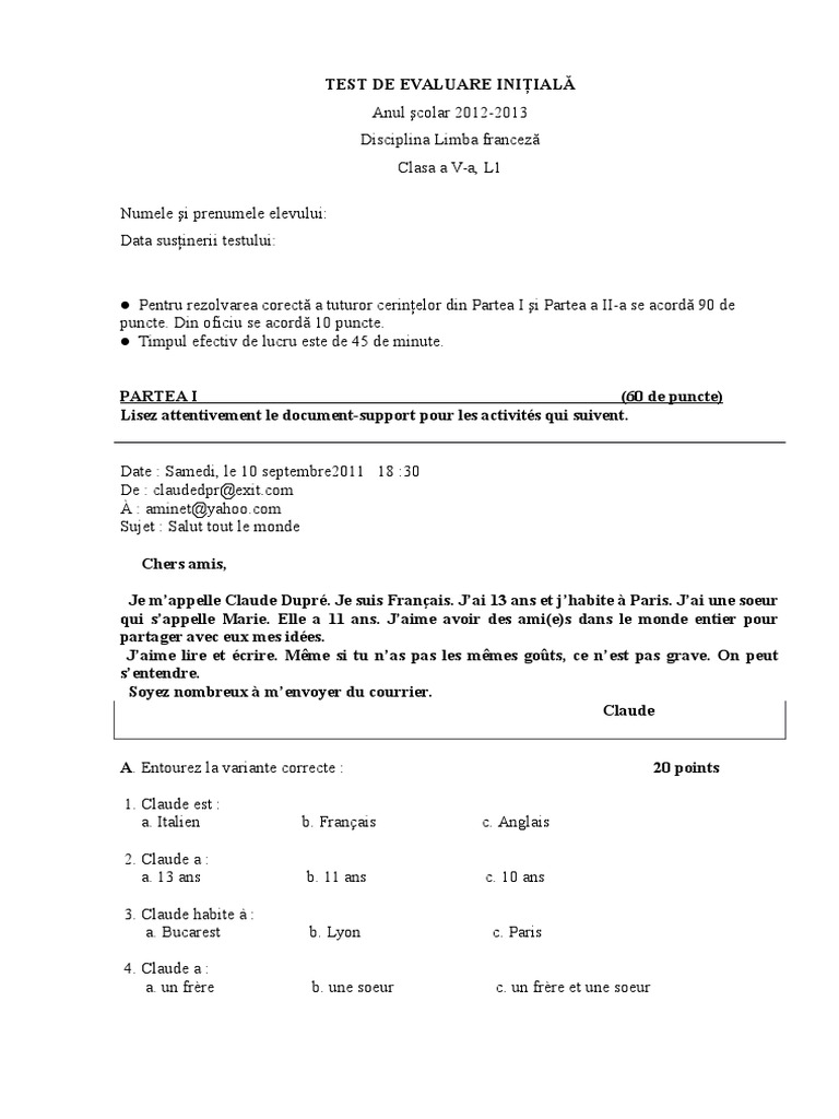 Test de Evaluare Iniţialăla Limba Franceza | PDF | Linguistique | Langues