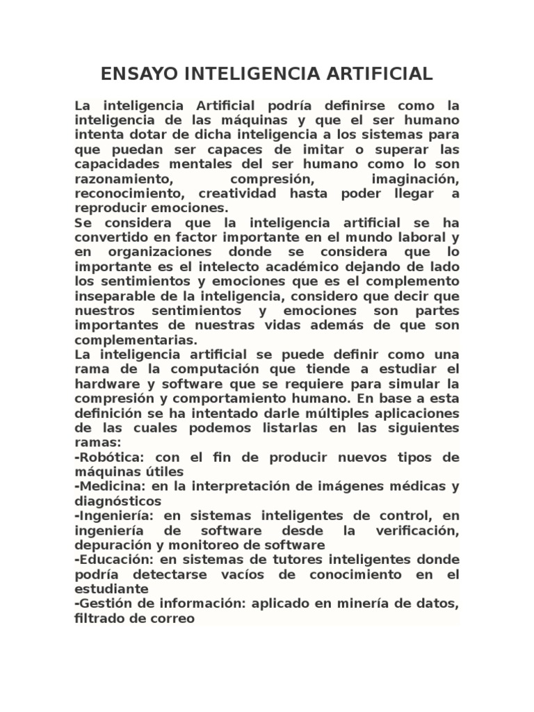 Ensayo Inteligencia Artificial | PDF | Inteligencia artificial ...