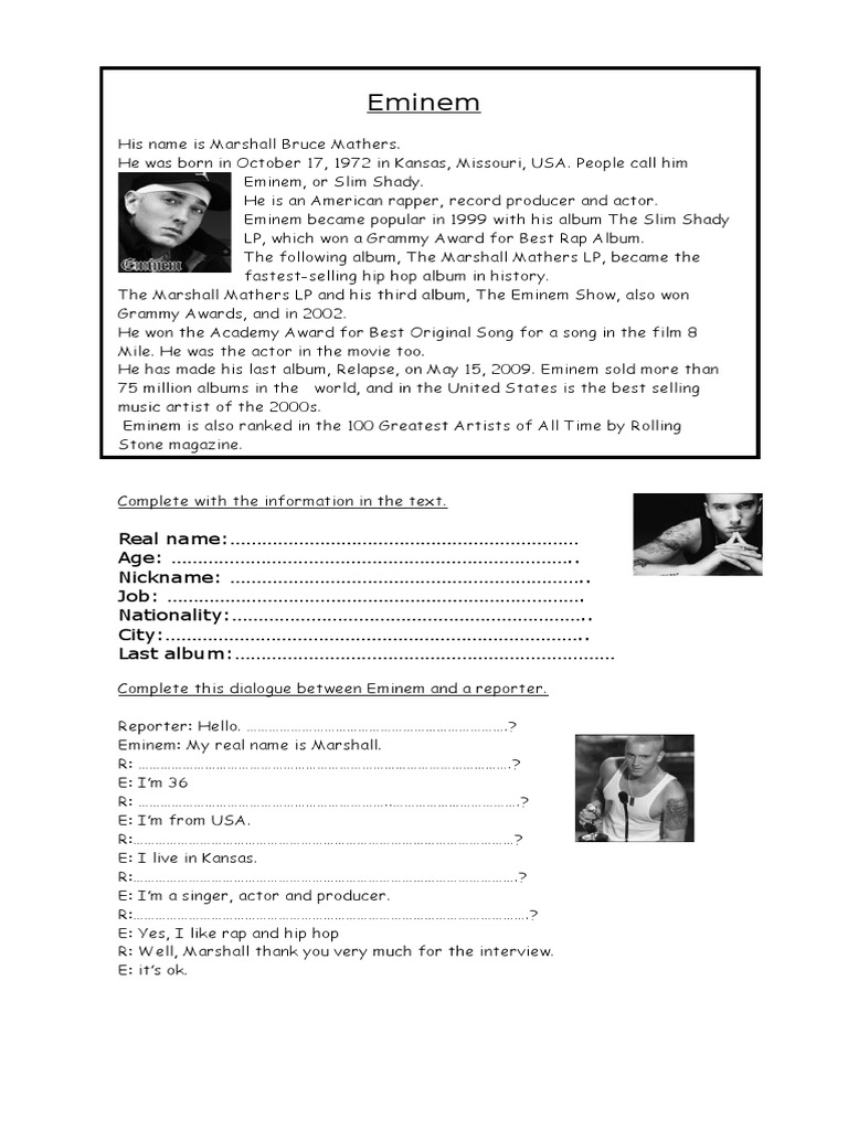 Eminem Worksheet | PDF | Musical Subcultures | English Language Music