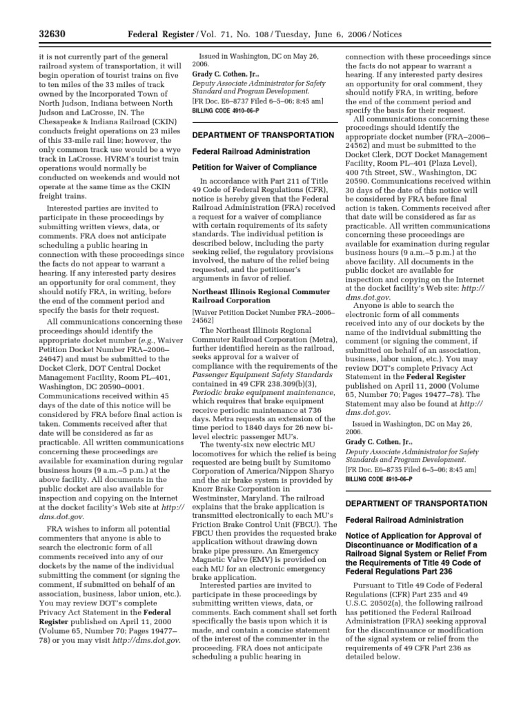 Notice: Exemption Petitions, Etc.: Northeast Illinois Regional Commuter ...