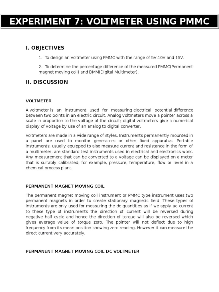 Experiment 7: Voltmeter Using PMMC: I. Objectives | PDF | Quantity ...