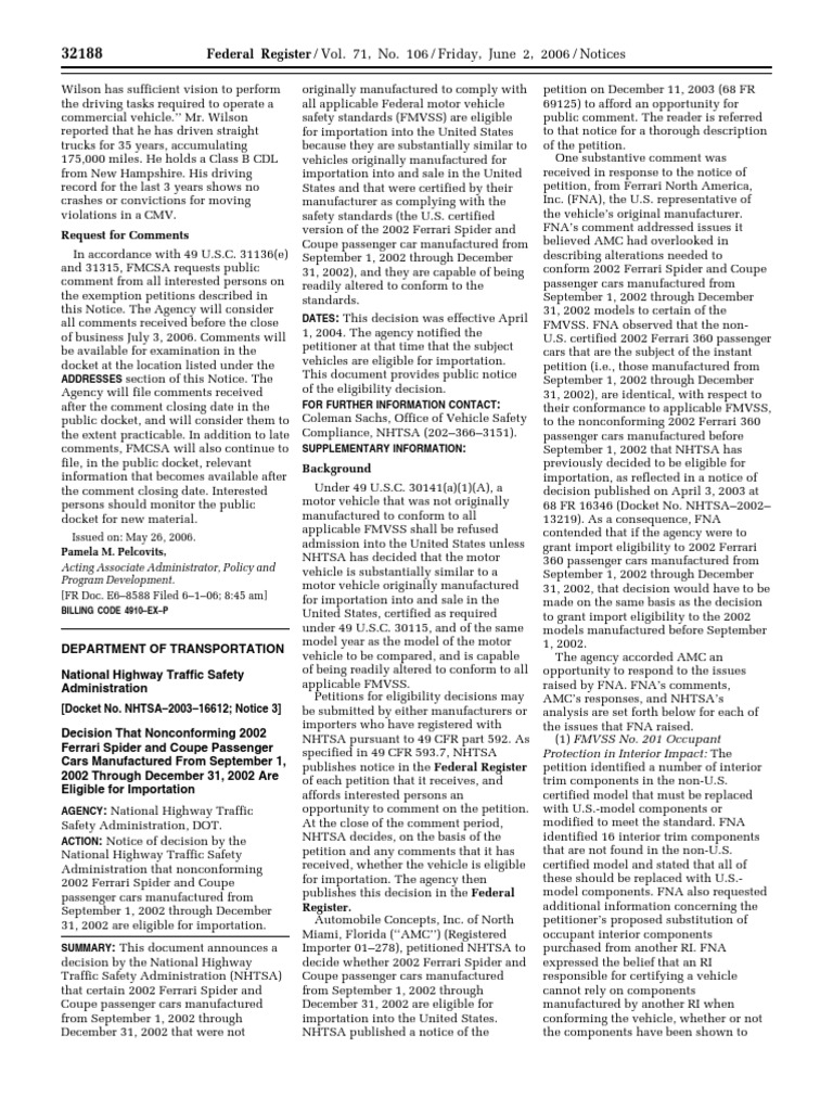 Notice: Motor Vehicle Safety Standards: Nonconforming Vehicles ...