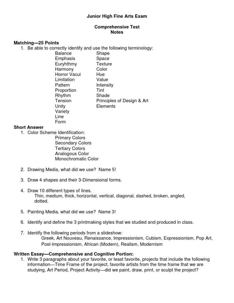 Junior High Final Exam Fine Arts Notes | PDF