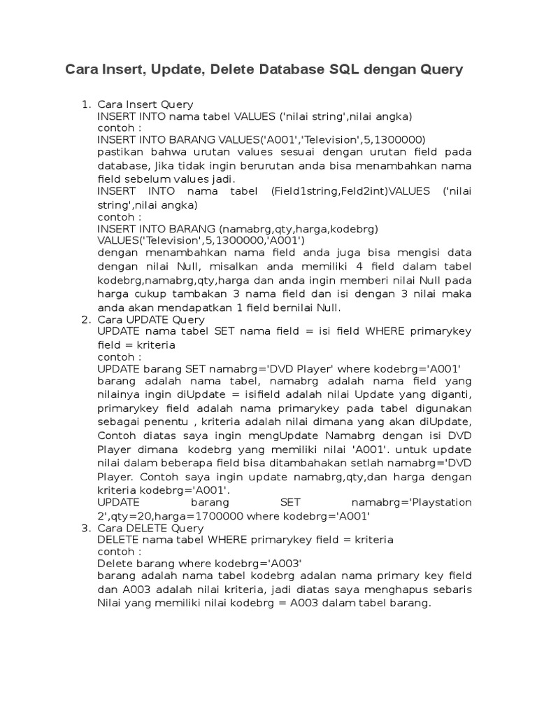 Cara Insert Update Delete Database Sql Dengan Query Pdf
