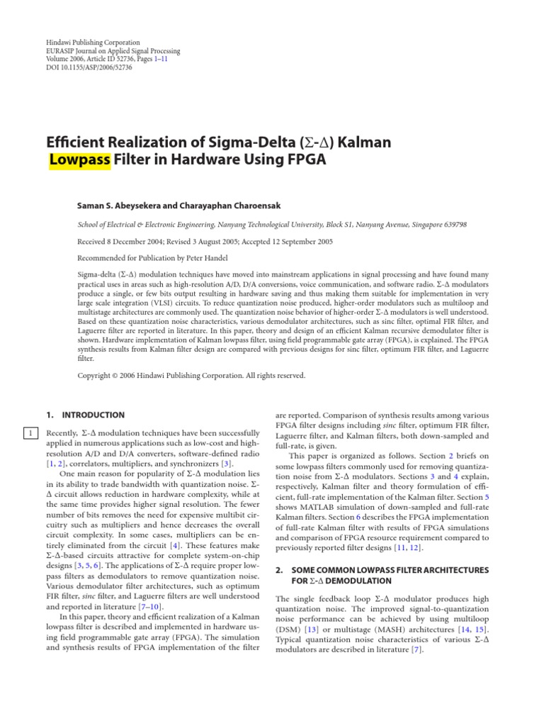 Efficient Realization of Sigma-Delta Kalman Lowpass Filter in Hardware Using FPGA | PDF | Signal ...