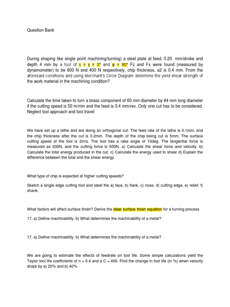 Question Bank For Machining and Metrology | PDF | Machining | Grinding ...