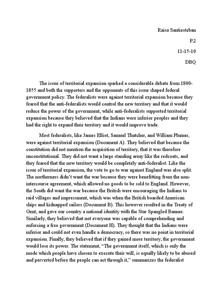 DBQ - Views On Territorial Expansion 1800-1855 | PDF | Federalism | The ...