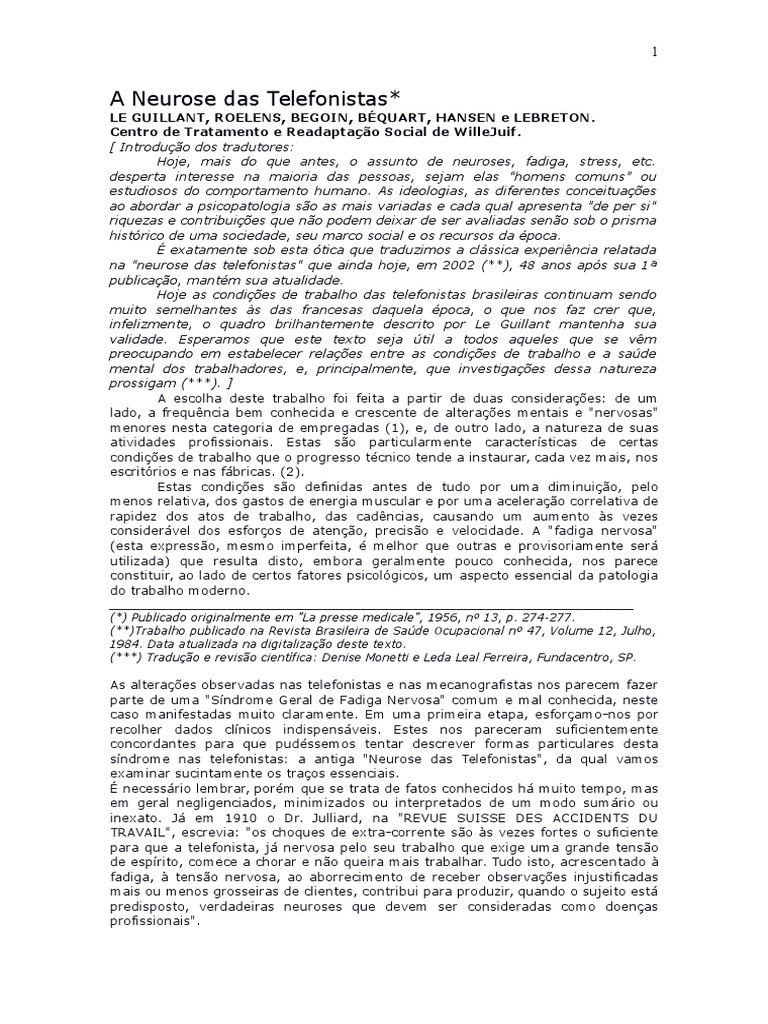 LE GUILLANT A Neurose Das Telefonistas | PDF | Vida | Dormir