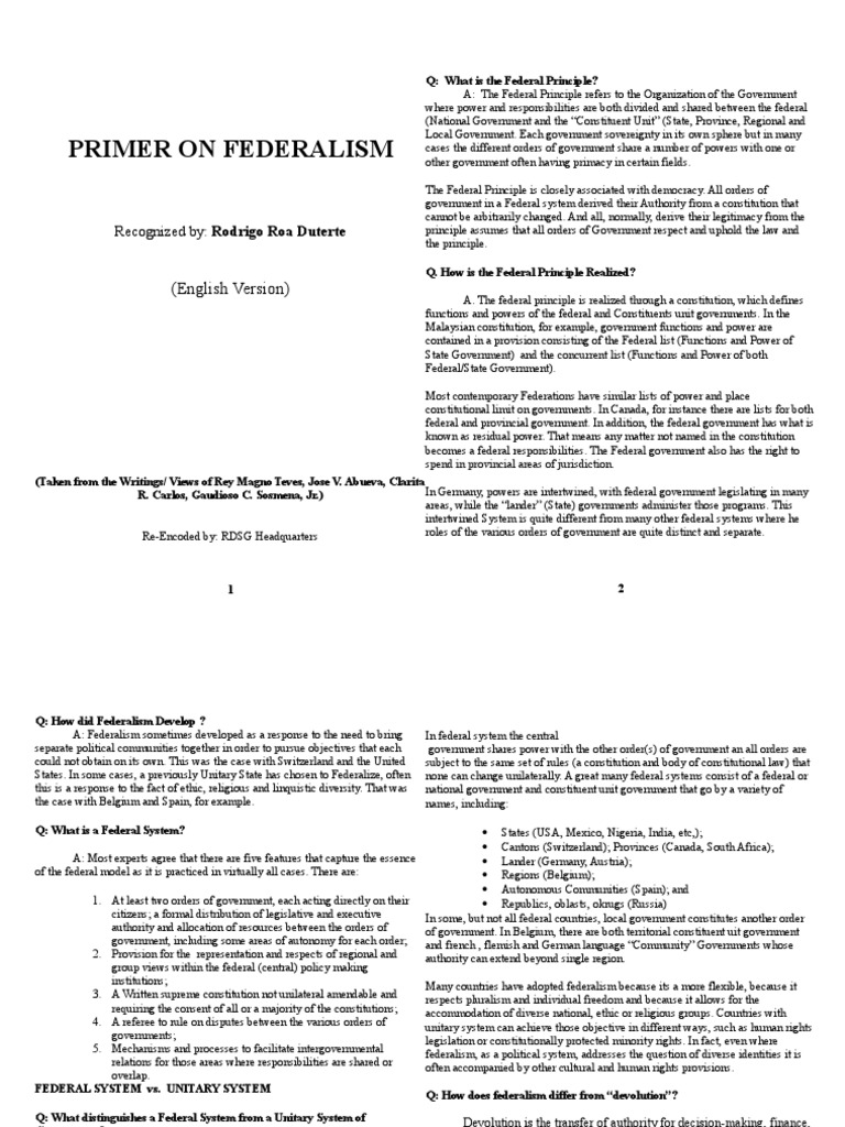 Primer of Federalism | PDF | Federalism | Devolution