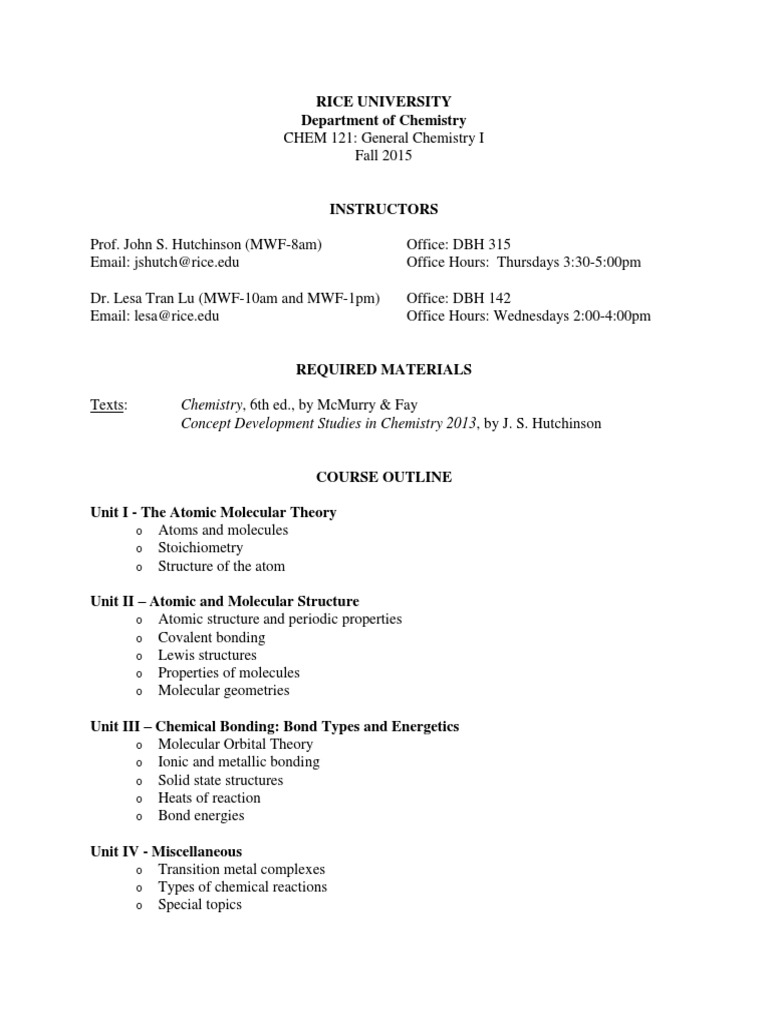 Rice University Chem 121 Syllabus Pdf Chemical Bond Molecules