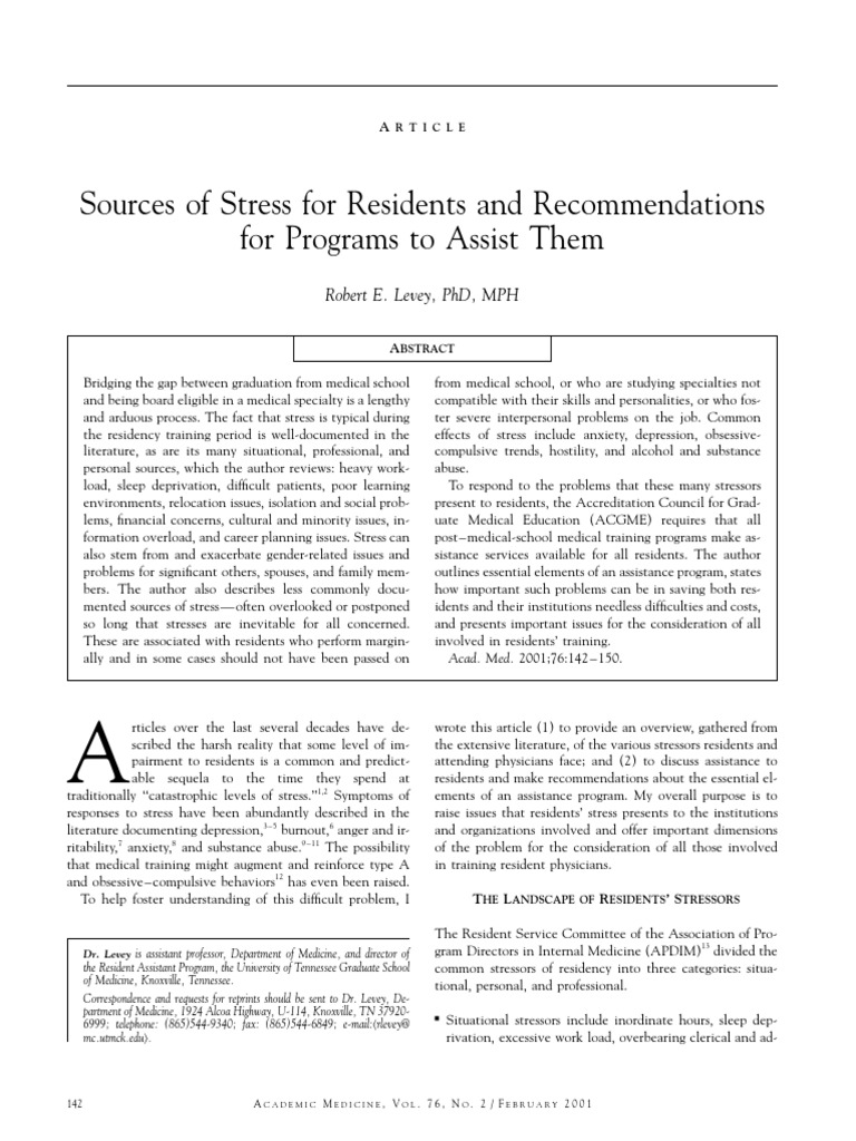 Sources of Stress | PDF | Residency (Medicine) | Alcoholism