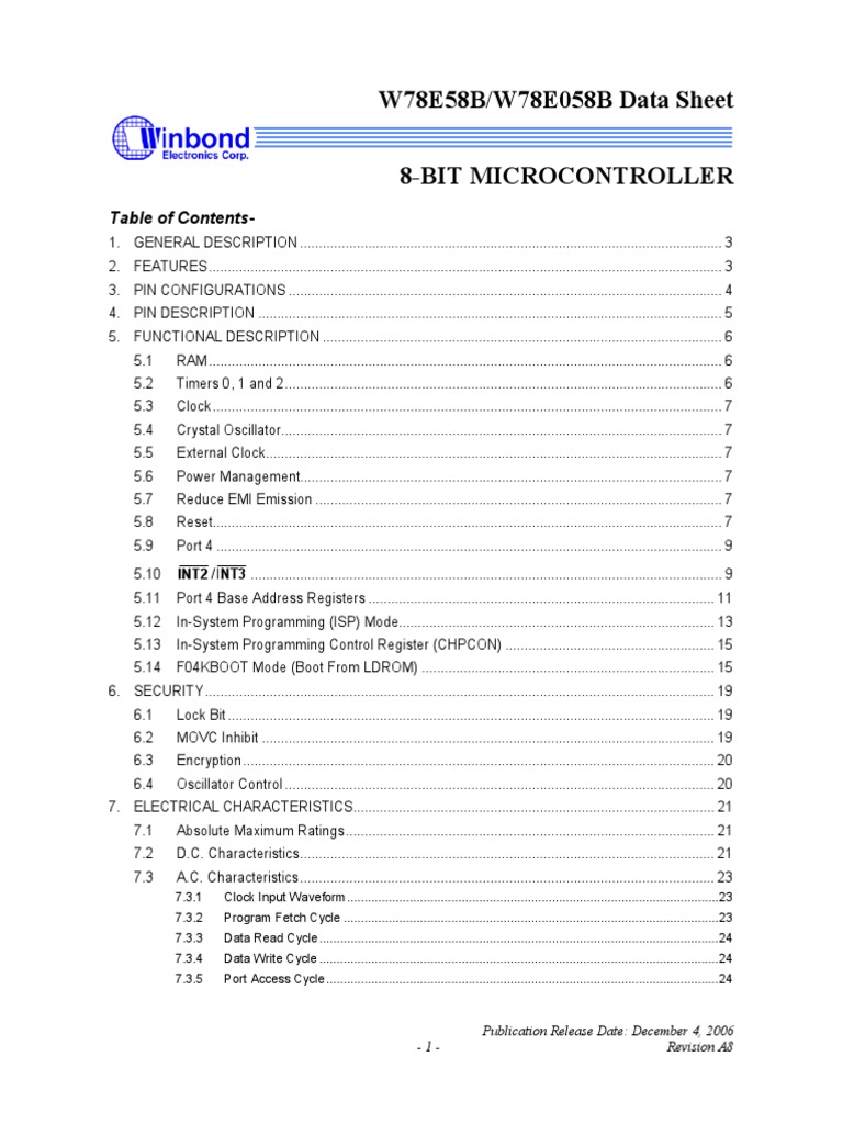 W78E58B/W78E058B Data Sheet 8-Bit Microcontroller: Table of Contents ...
