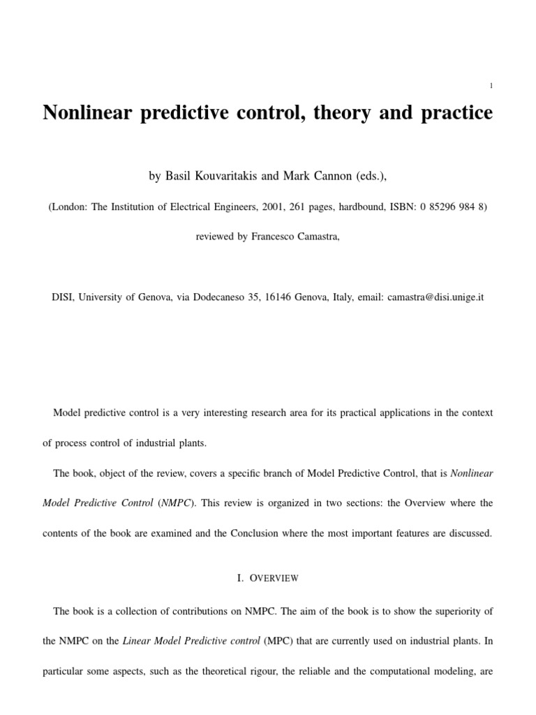 Nonlinear Predictive Control, Theory and Practice: by Basil Kouvaritakis and Mark Cannon (Eds ...