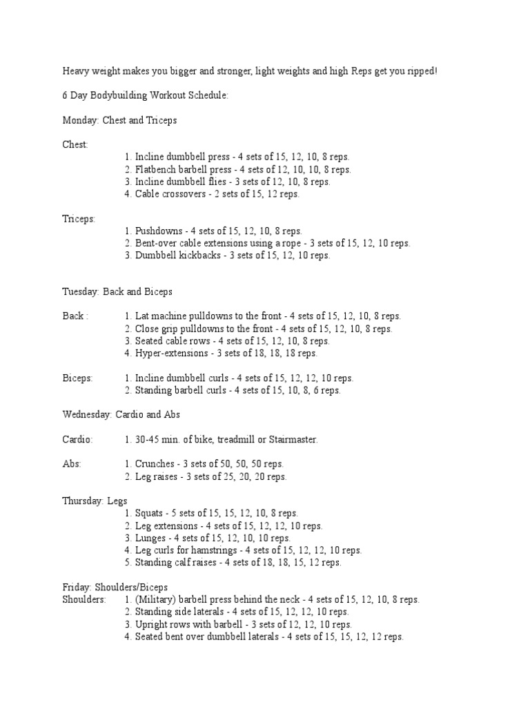 6 Day Gym Workout Schedule 6 Month Bodybuilding Program To Achieve