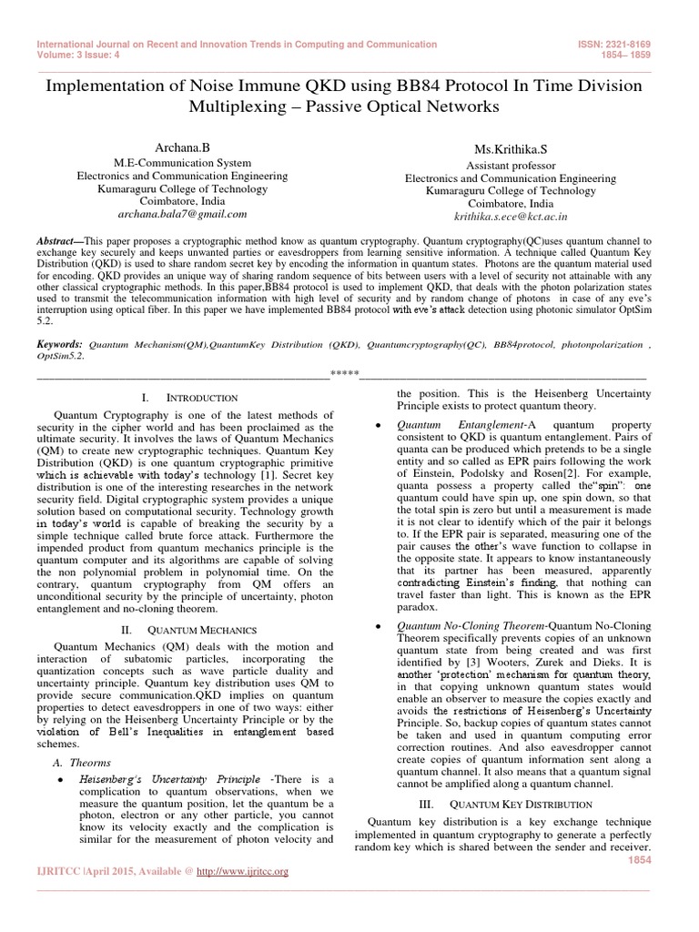 Implementation of Noise Immune QKD Using BB84 Protocol in Time Division Multiplexing - Passive ...