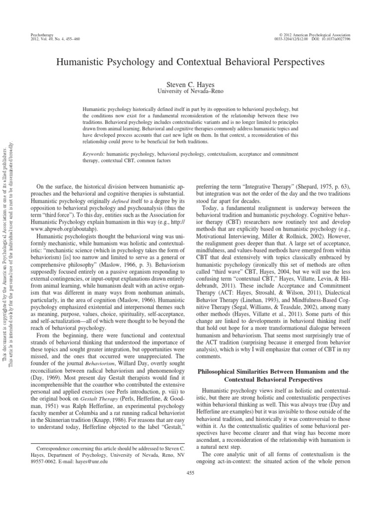 Humanistic Psychology and Contextual Behavioral Perspectives | PDF ...