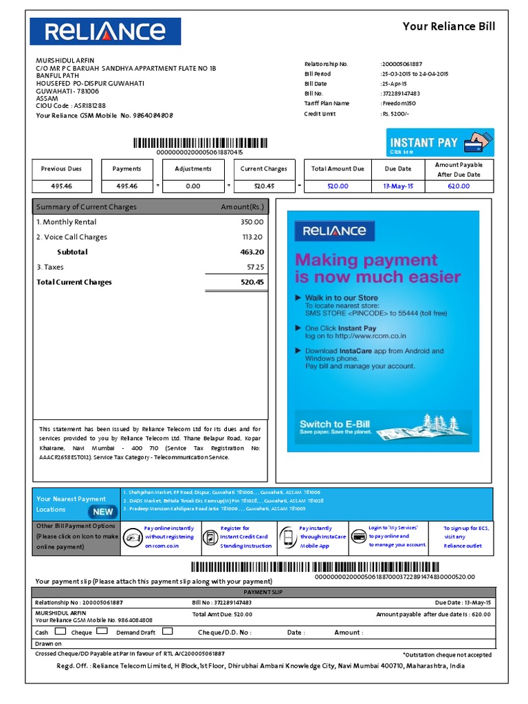 Your Reliance Bill | PDF | Roaming | Short Message Service