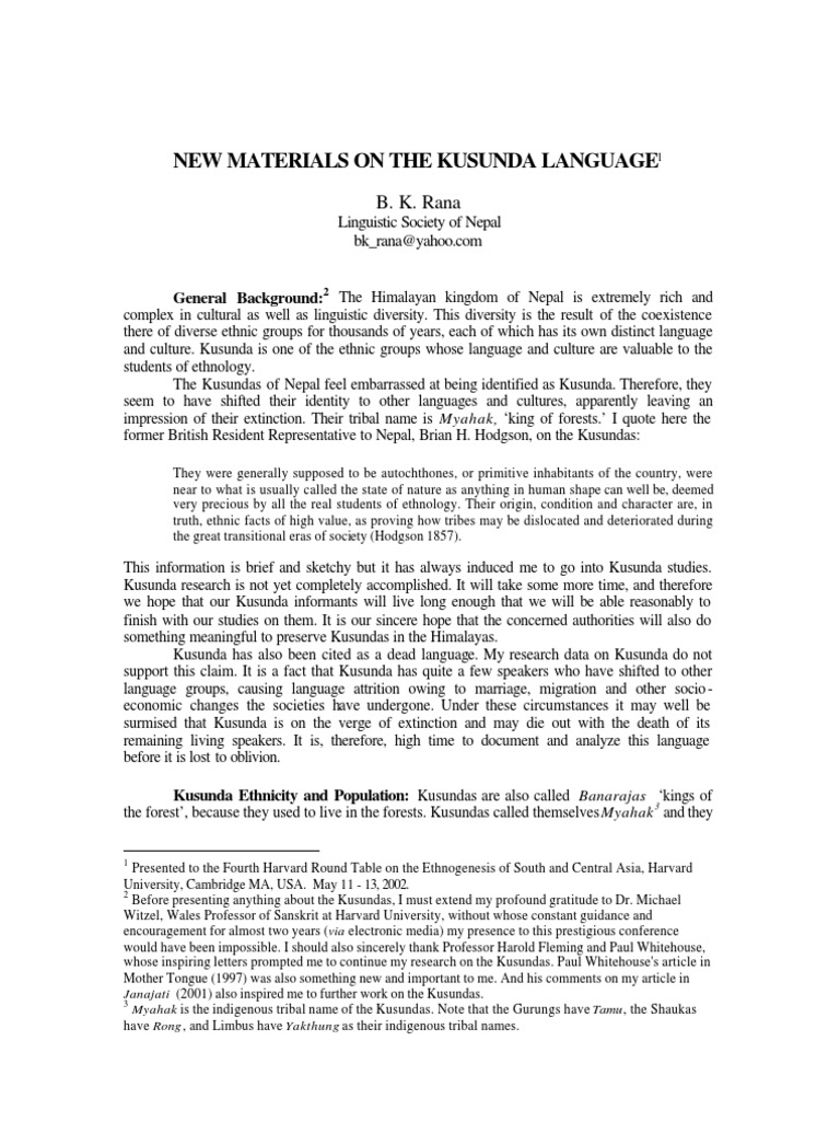 New Materials On The Kusunda Language: B. K. Rana | PDF | Nepal | Ramayana