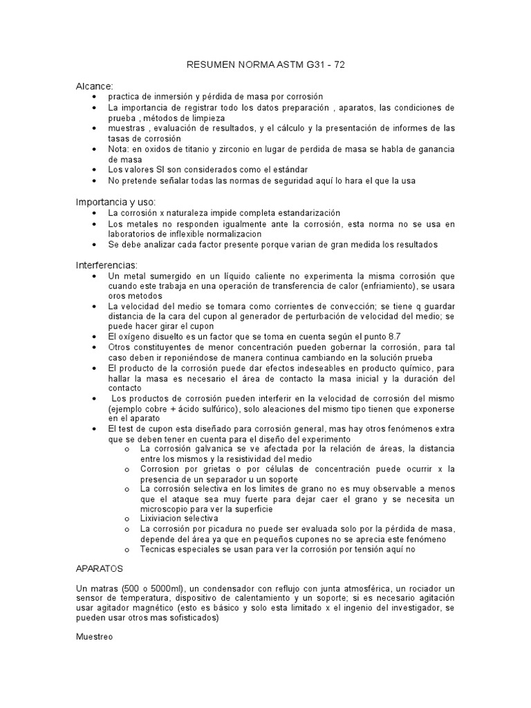 Reseumen Norma ASTM G31-72 | PDF | Corrosión | Oxígeno