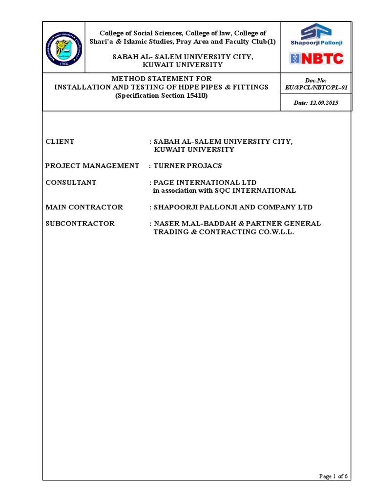 Method Statement Hdpe Kucp Pdf Pipe Fluid Conveyance