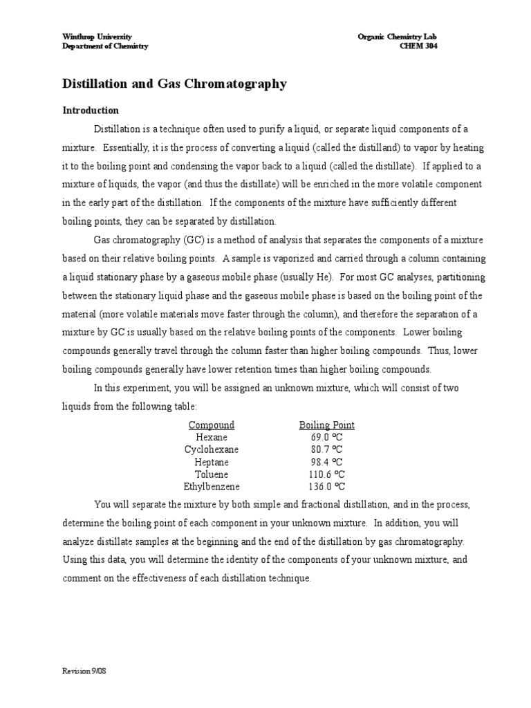 Distillation and Gas Chromatography: Winthrop University Organic ...