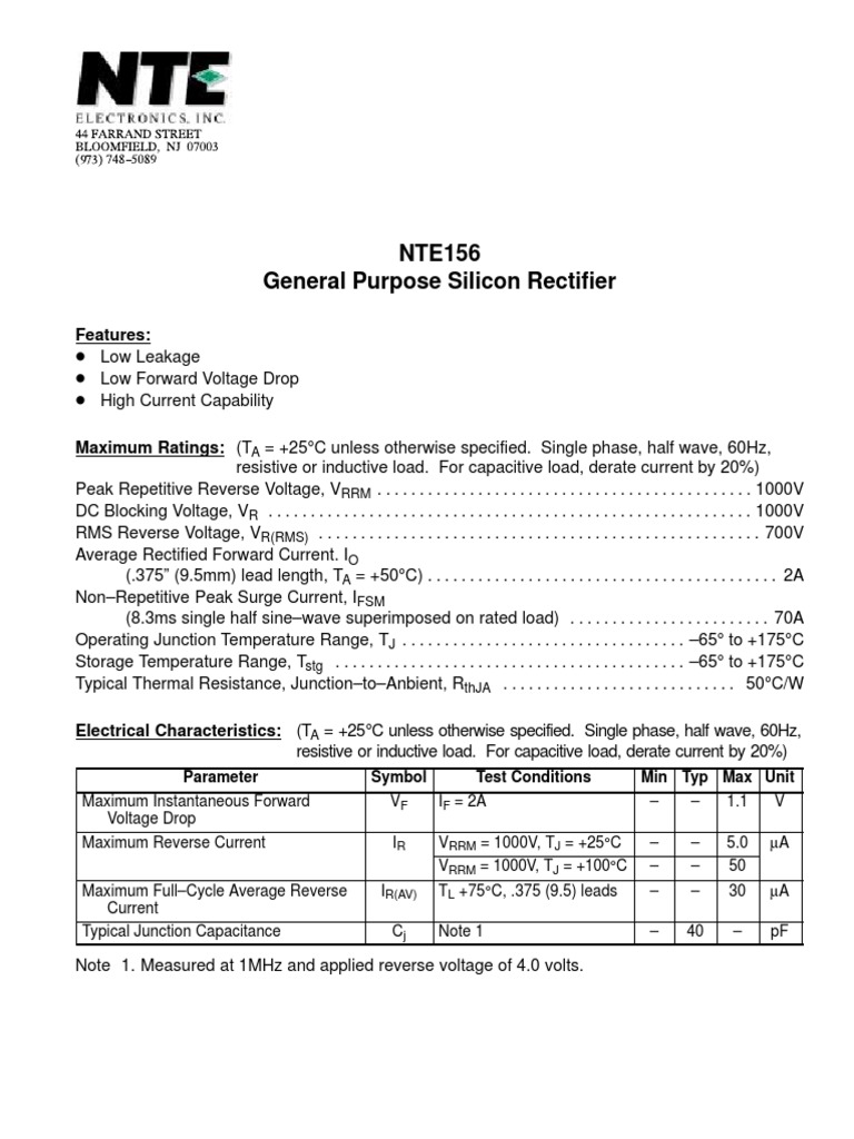 NTE156 General Purpose Silicon Rectifier: Features | PDF | Computers