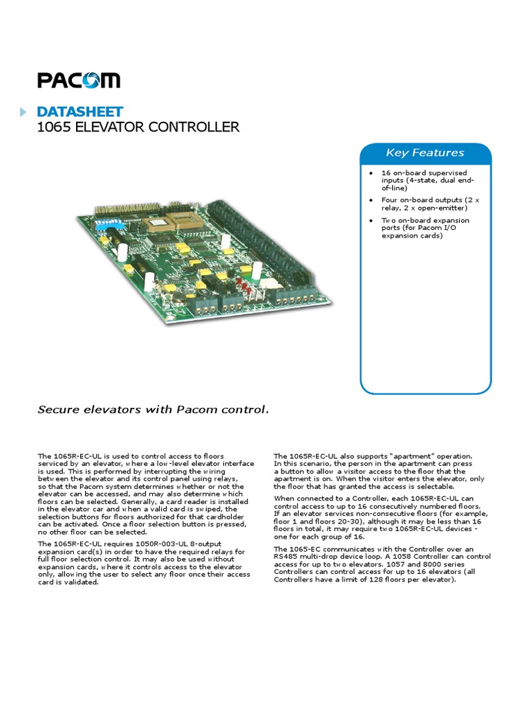 Pacom 1065 Ec Elevator Controller Datasheet | PDF | Elevator | Input/Output