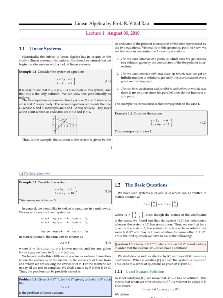 Vittal Rao Lecture 1 | PDF | System Of Linear Equations | Equations
