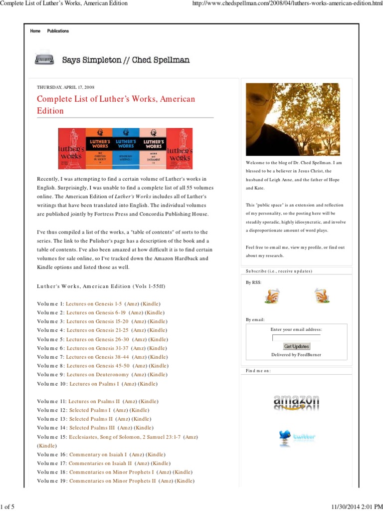 Complete List of Luther's Works, American Edition PDF | PDF | Epistle ...