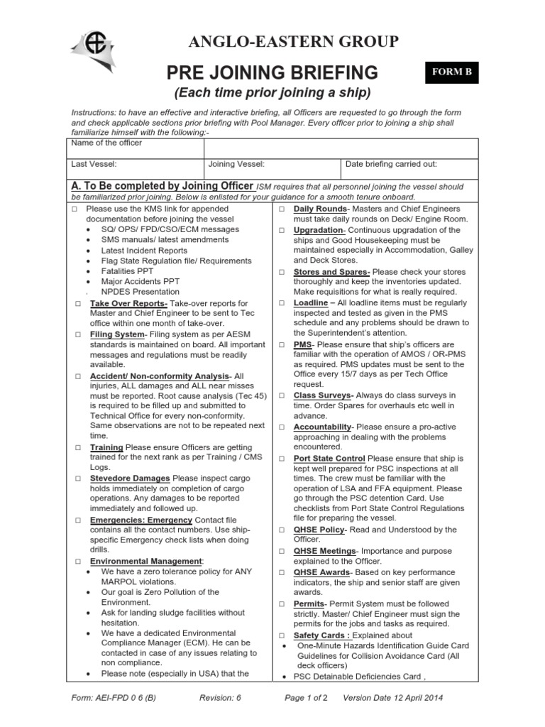 Pre Joining Briefing: Anglo-Eastern Group | PDF | Water Transport | Industries