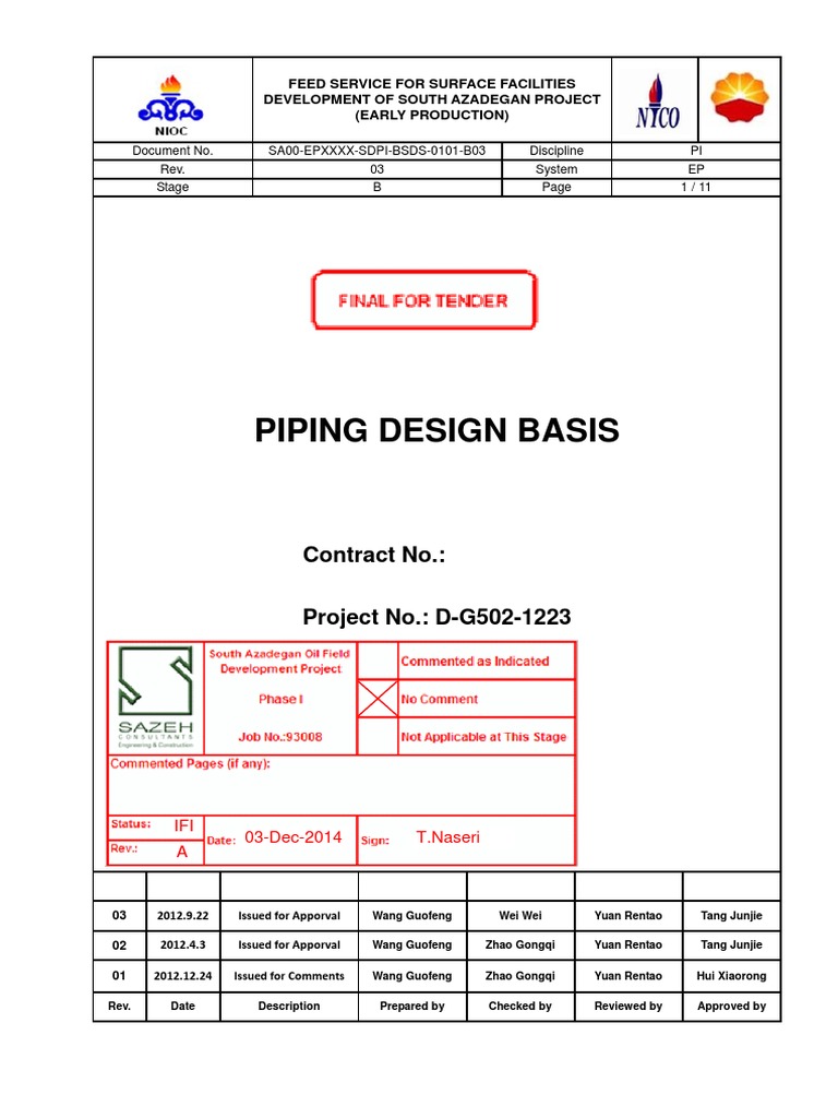 Sa00 Epxxxx Sdpi Bsds 0101 b03 A Piping Design Basis PPD Noc | PDF | Pipe (Fluid Conveyance) | Valve