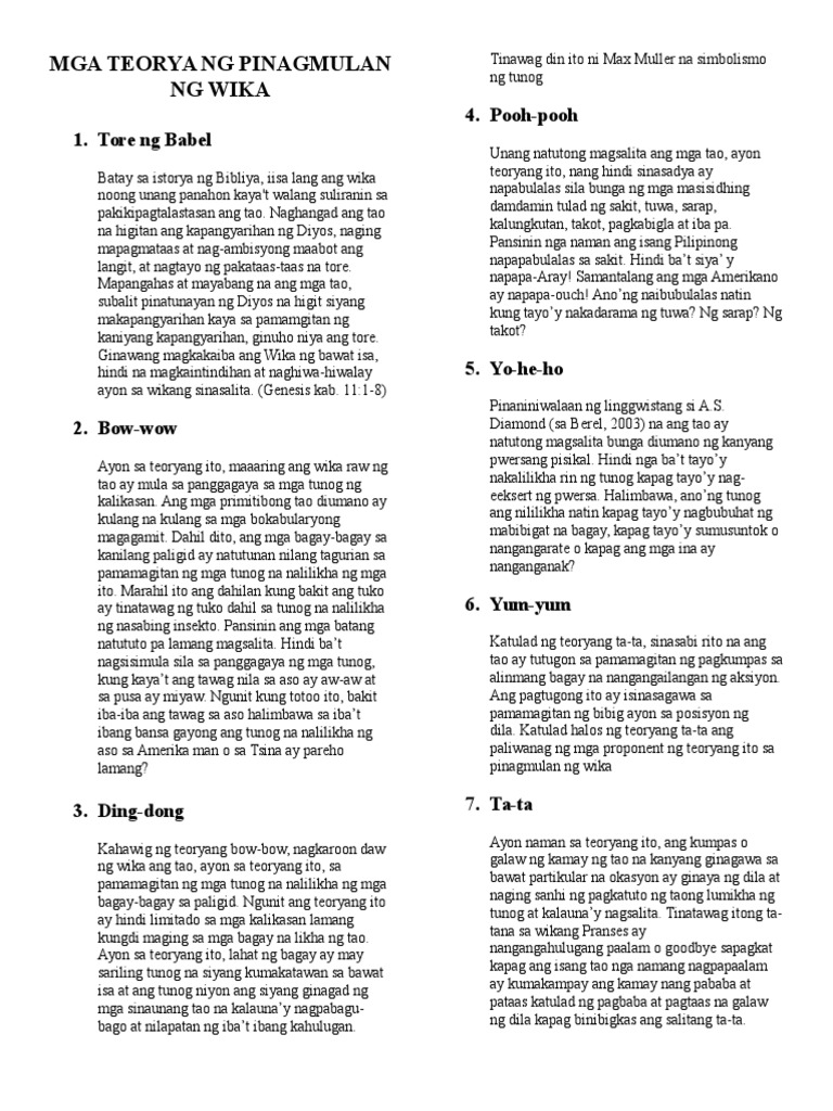 Mga Teorya NG Pinagmulan NG Wika | PDF