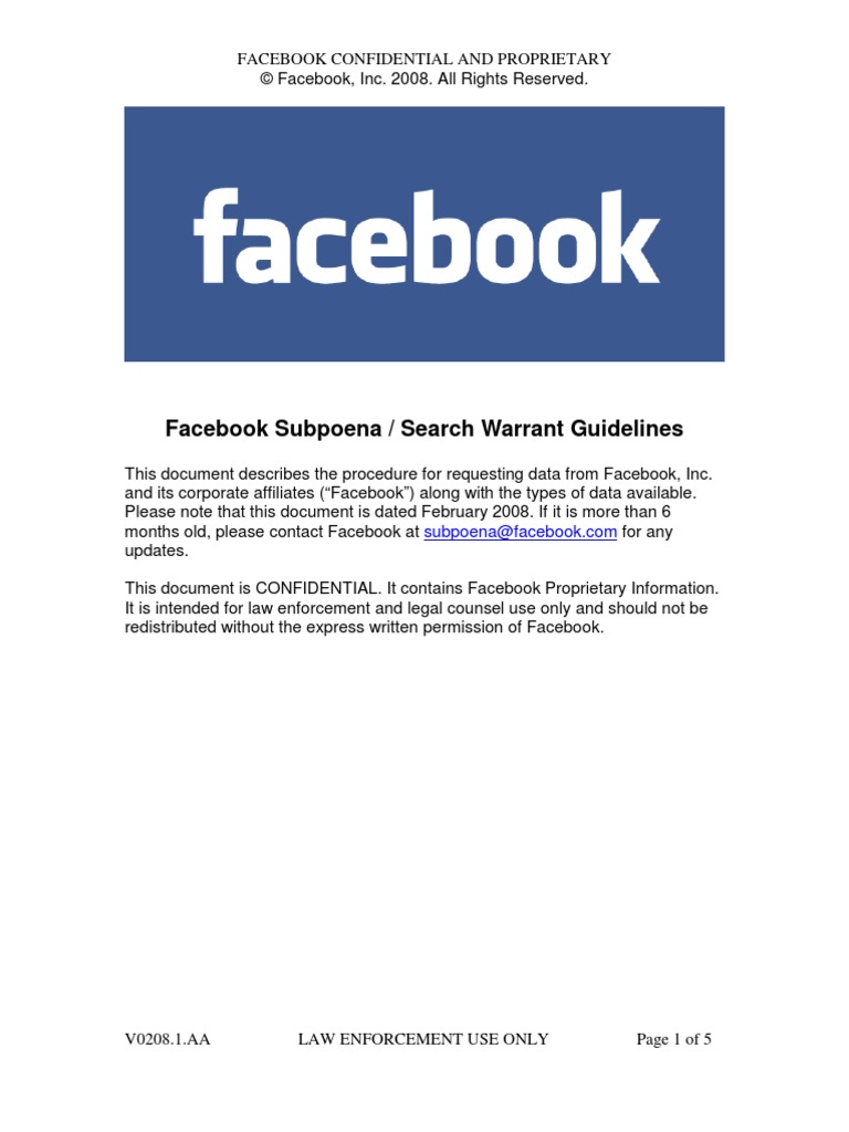 Facebook Subpoena / Search Warrant Guidelines | PDF | Facebook | Privacy