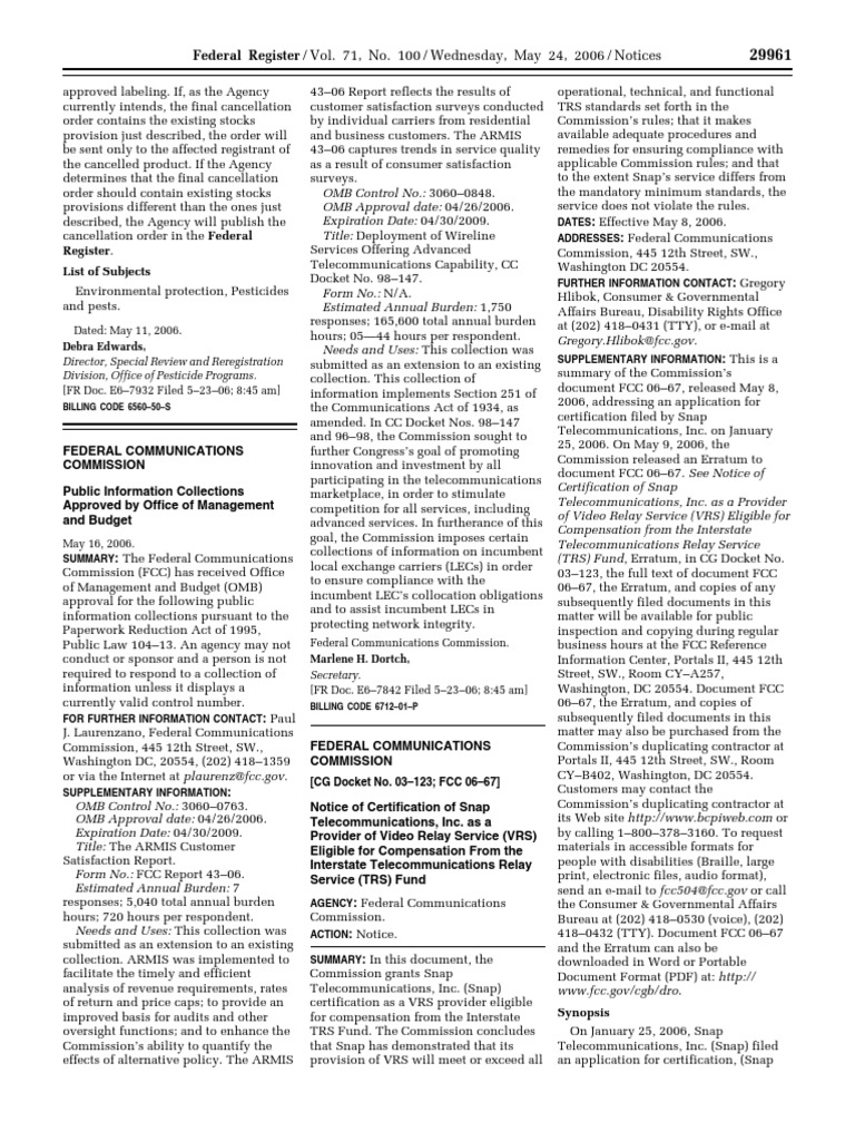 Notice: Common Carrier Services: Interstate Telecommunications Relay ...