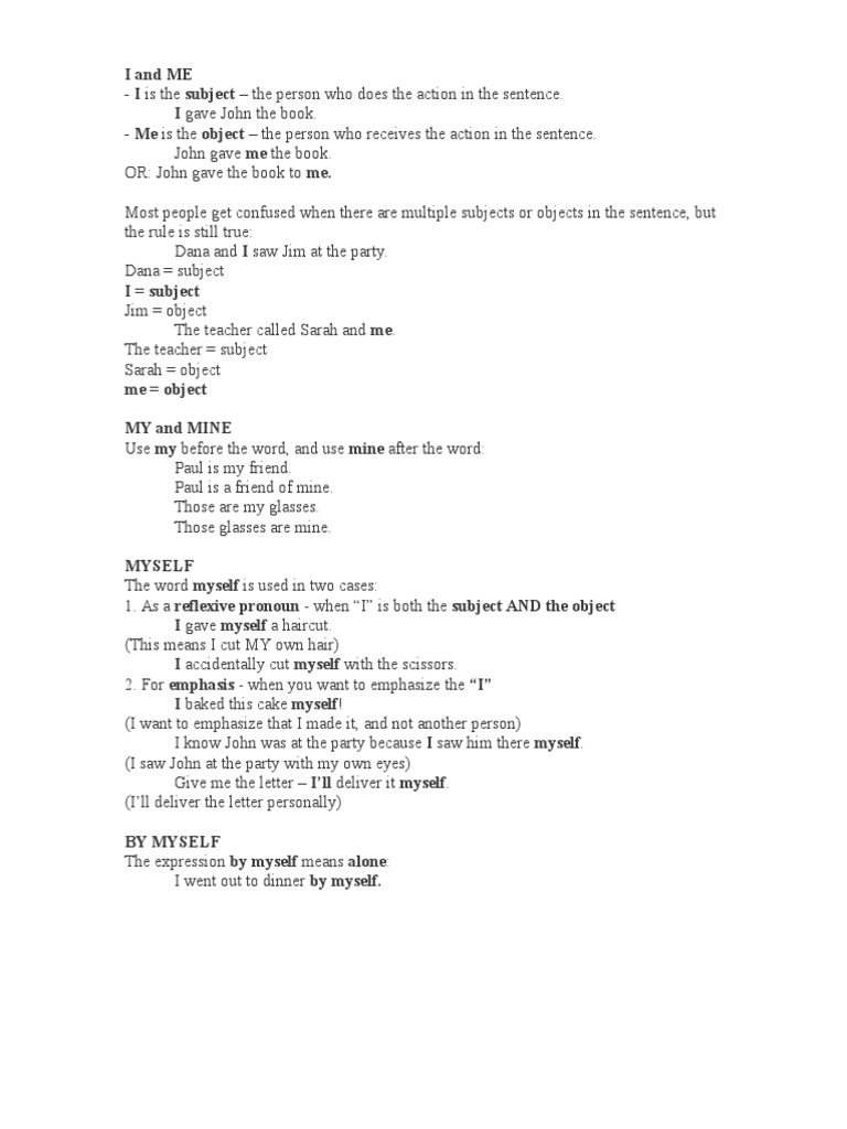 I, Me, My, Mine, Myself Differences | PDF | Grammar | Syntax