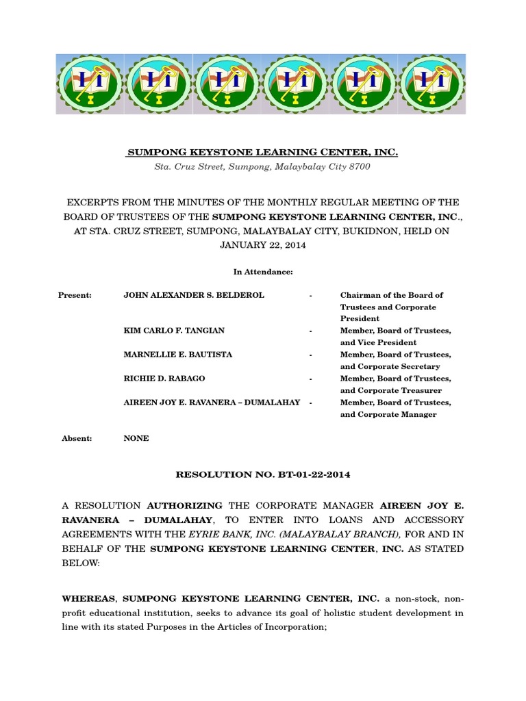 Board Resolution Authorizing Loan (Sample) | PDF | Credit (Finance ...