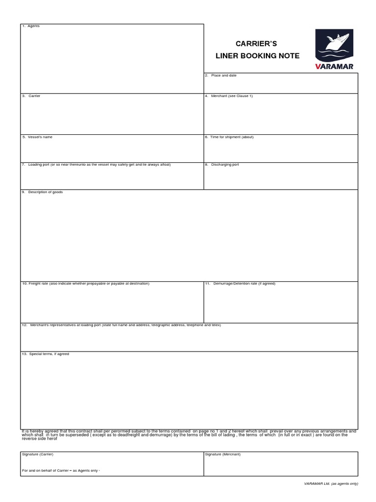 Carrier's Booking Note | Cargo | Bill Of Lading