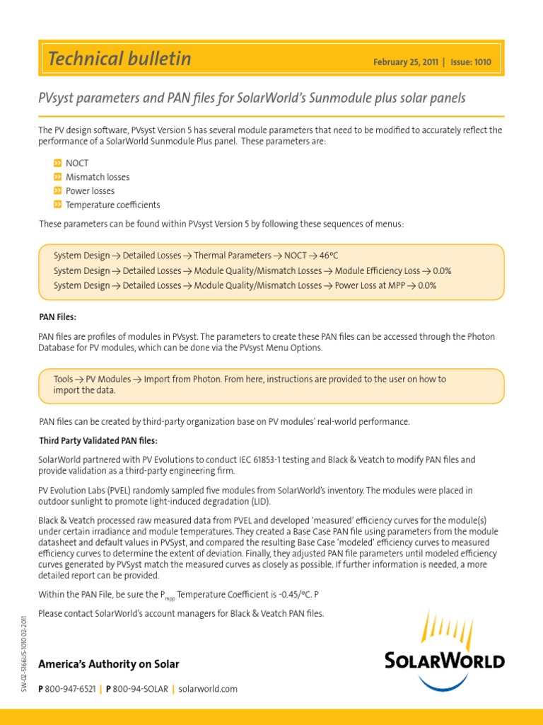 PVsyst PAN File Guide for SolarWorld Panels | PDF | Solar Panel ...
