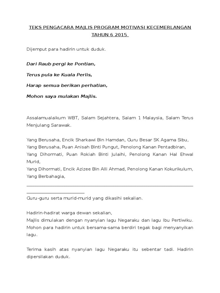 Teks Pengacara Majlis Ceramah Motivasi Tahun 6 2015 | PDF | Karier & Perkembangan | Bisnis