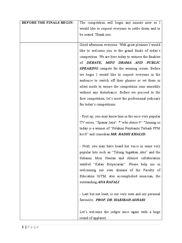 An MC Script For Final Showcase | PDF | Public Speaking | Public Sphere
