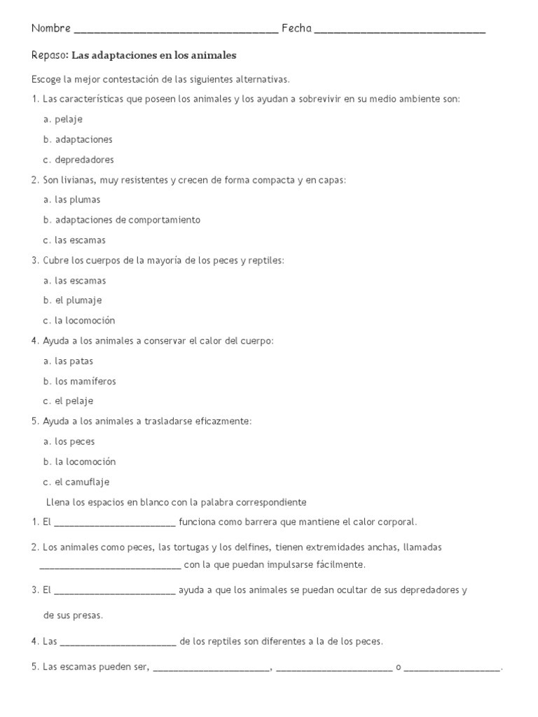 Adaptaciones de los Animales: Repaso y Ejercicios | PDF | Ciencia y ...